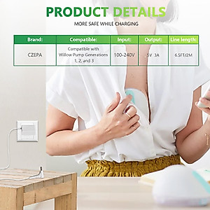 Czepa 5V AC Charger Adapter Power Cord Compatible with Willow Pump Generations 1, 2, and 3, Replacement 3Amp Charger Cord (White)