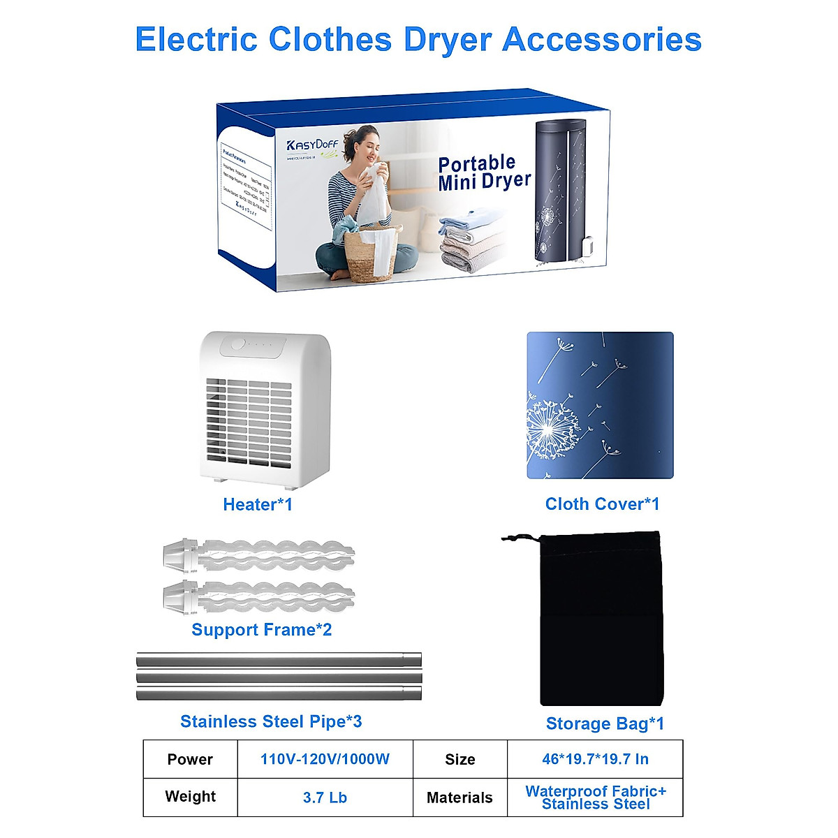 KASYDoFF Portable Dryer, 46Inch -1000W Portable Clothes Dryer, Travel Portable Dryer Machine for Clothes with Timer, Mini Dryer for Apartment, Home, RVs