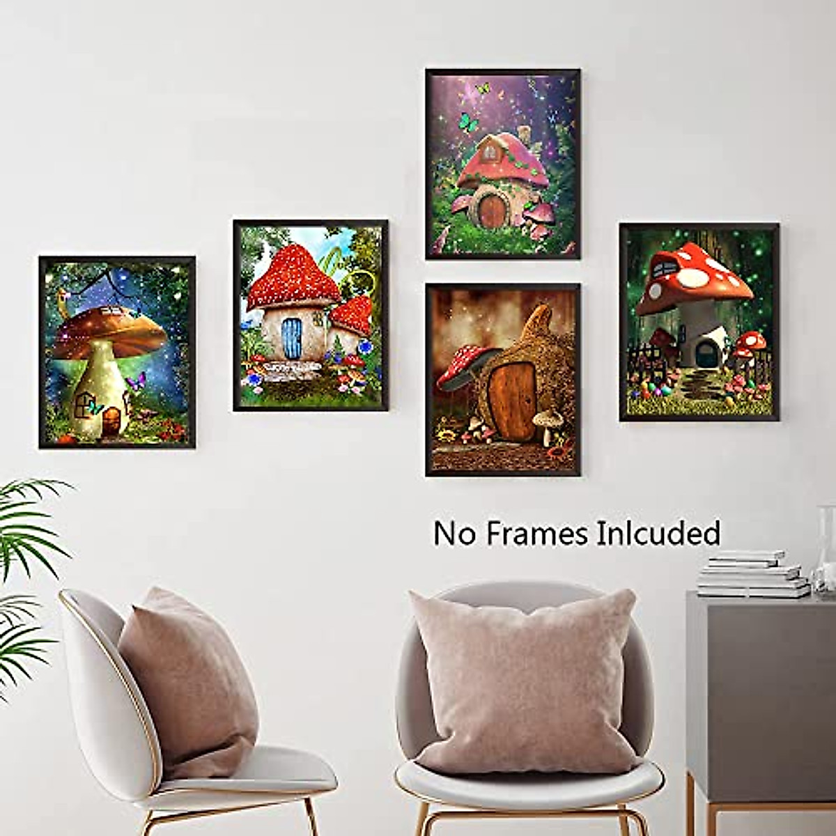 Cartoon Mushroom Posters Fungus Wall Art, Fairy Tale Themed Red Mushroom House Plant Forest Art Prints, Mushroom Posters for Children's Room Bedroom Kindergarten Decor，Set of 6-(8"x10" Unframed)