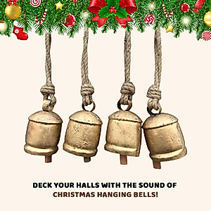 4 inch Giant Harmony Cow Bells Huge Vintage Handmade Rustic Lucky Christmas Hanging jingle bells (Country Rustic, Large) Set of 4 Handmade Bells with Jute Rope