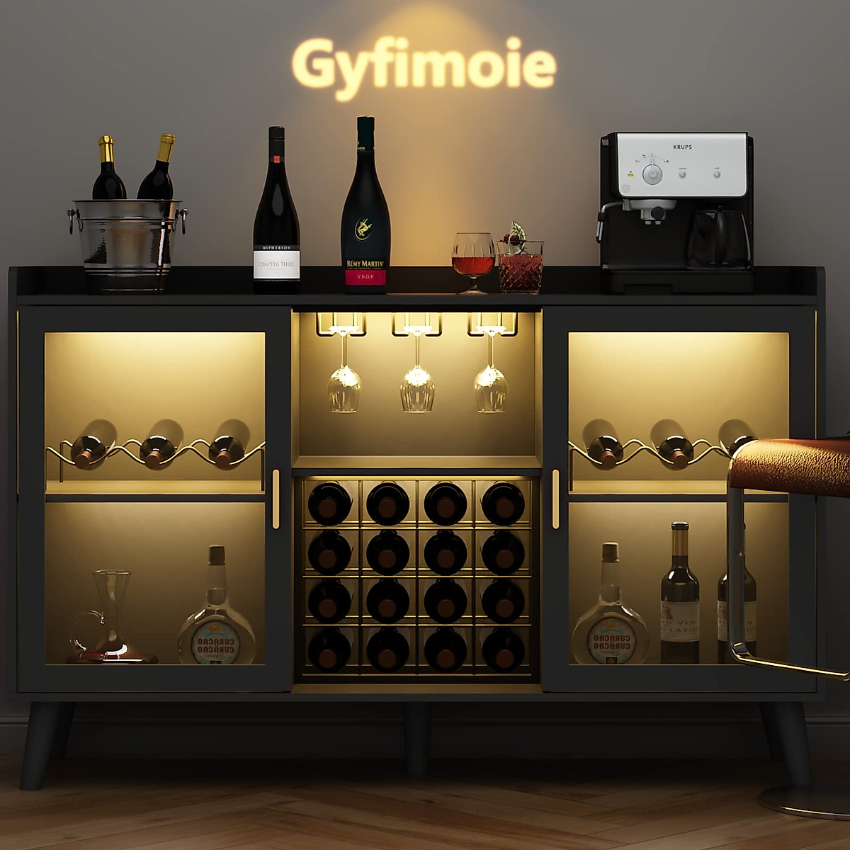 Gyfimoie Modern Wine Bar Cabinet with LED Light, Home Coffee Cabinet w Wine Rack and Glass Holder, Kitchen Sideboard Buffet Cabinet w Storage Shelf, Freestanding Liquor Cabinet w Glass Door (Black)
