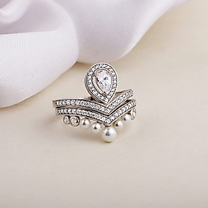 Kemstone 925 Sterling Silver Rings Water Droplets and Pearl 2 Piece Ring Sets for Women (8)