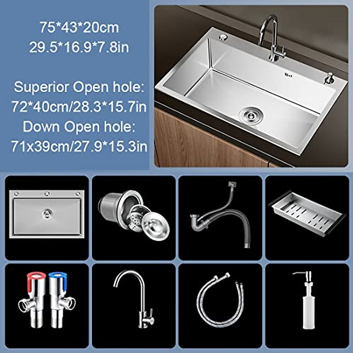 Drop in Kitchen Sink Workstation -304 Stainless Steel Sink Single Bowl Matte Black Stainless Steel Kitchen Sink with Cutting Board&Strainer (Size : 75 * 43 * 20cm/29.5 * 16.9 * 7.8in)