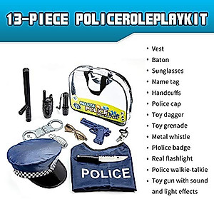 pereberi 13 PCS Police Costume for Kids Role Play Kit with Police Vest Walkie Talkie Police Badge Handcuffs Toy Gun for Boys Halloween Dress Up Clothes with Storage Bag