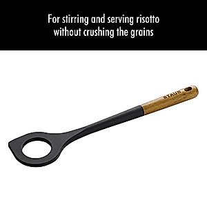 STAUB Risotto Spoon, Cooking Utensil, Perfect for Stirring and Serving Risotto, Durable BPA-Free Matte Black Silicone, Acacia Wood Handles, Safe for Nonstick Cooking Surfaces