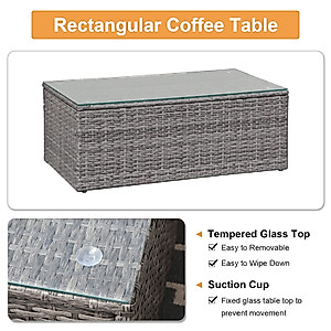 JOIVI 8 Pieces Patio Furniture Set with Fire Pit Table, Outdoor Patio Conversation Set, PE Wicker Sectional Sofa Set with Storage Box for Garden, Poolside, Backyard, 3 Blue Pillows Included, Grey