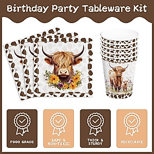 120pcs Highland Cow Birthday Party Supplies Plates Napkins Holy Cow Paper Disposable Tableware Set Cups Forks for 24 Guests