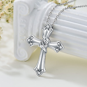 WTYIM Moissanite Diamond Cross Necklace for Women 18K White Gold Plated Silver Crucifix Infinity Cross Pendant Necklace Faith Jewelry Birthday Christmas Gift for Her, 18+2 Inch, Sterling Silver,