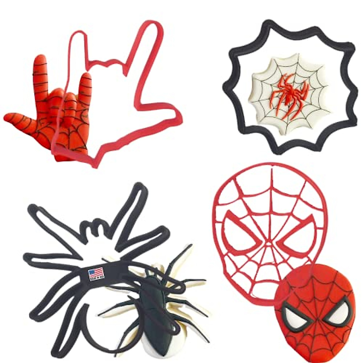 SUPERHERO COOKIE CUTTERS Inspired By Spiderman Head/Face/Mask, Spidey-Shaped Hand, Spider/Arachnid and Spider Man Web 3D Printed Cookie Cutters (4 Pack)