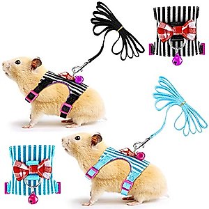2 Pieces Hamster Harness and Leash Set for Walking, Small Guinea Pig Clothes with Bowknot Bell, No Pulling Comfort Padded Vest Striped for Guinea Pig Hamster Ferret, Small Animals (Blue, Black,S)