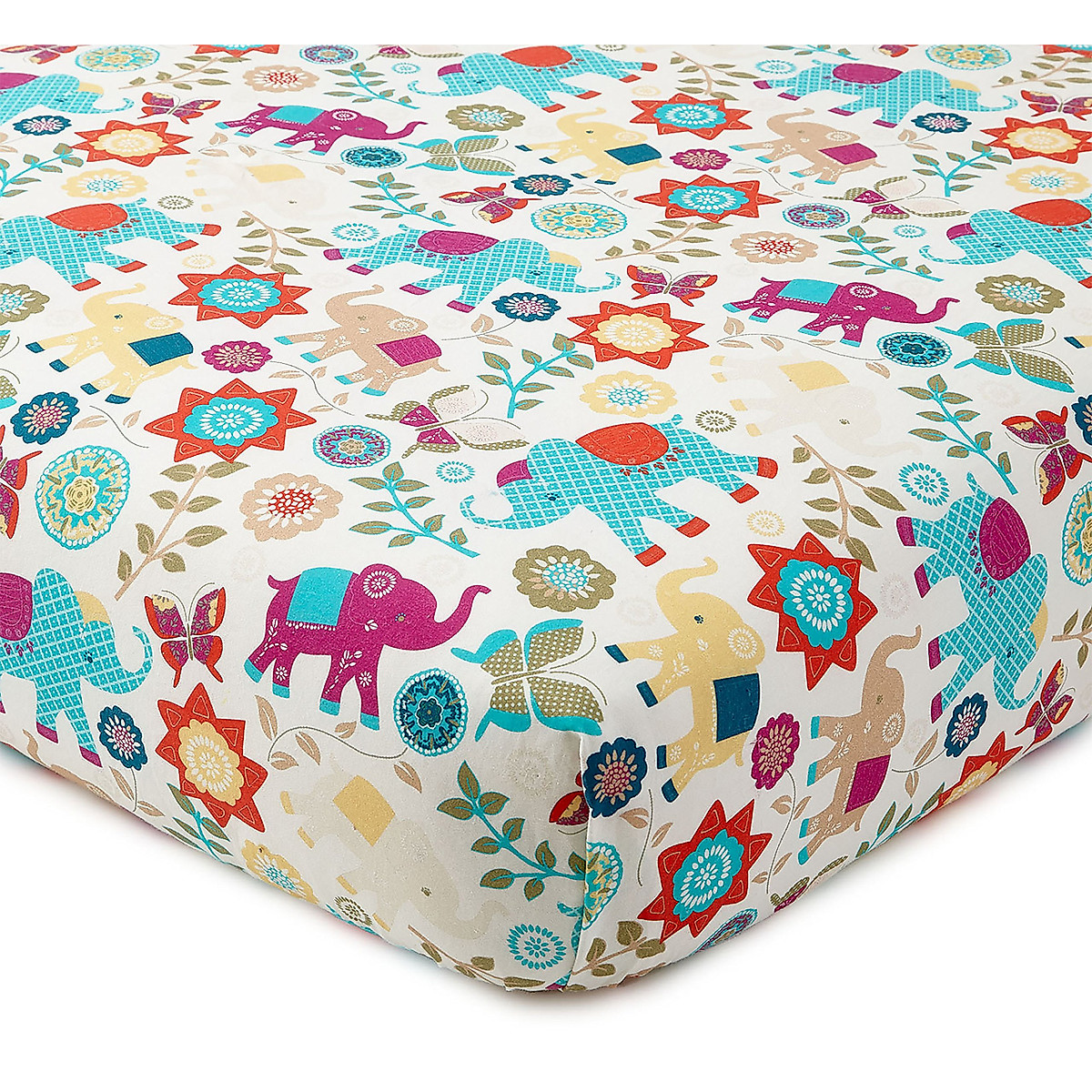 Levtex Baby - Zahara Crib Fitted Sheet - Fits Standard Crib and Toddler Mattress - Boho Elephants, Leaves and Flowers - Orange, Teal, Yellow, Red, Fuchsia - Nursery Accessories - 100% Cotton