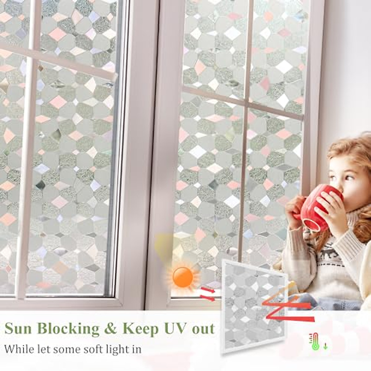 Waovacy Window Privacy Film Stained Glass Door Window Covering Decorative Window Clings Static Cling No Adhesive 3D Frosted Window Cover UV Sun Blocking Vinyl Window Sticker for Home,17.4x78.7Inch