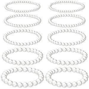 Kajaia 10 Pcs Faux Pearl Bracelets for Women Pearl Bracelets for Bridesmaid Stretch Beaded Bracelets for Wedding Bridal Party (Mixed Size)