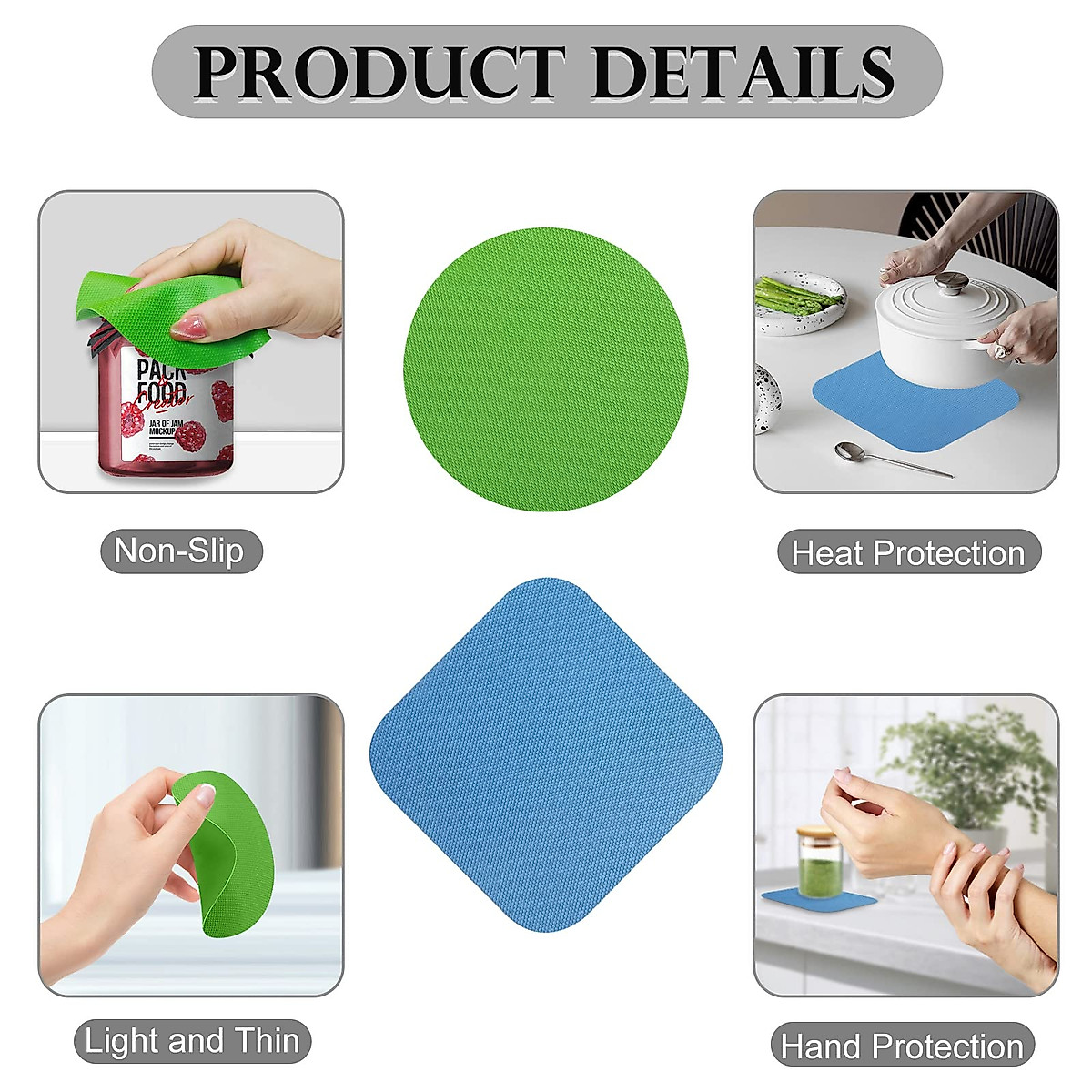 6pcs Jar Opener Gripper Pads, Rubber Multi-function Jar Bottle Lid Opener for Weak Hands Seniors with Arthritis Hands Kitchen Smart Silicone Heat Jar Opener Coasters Pad (Blue and Green)