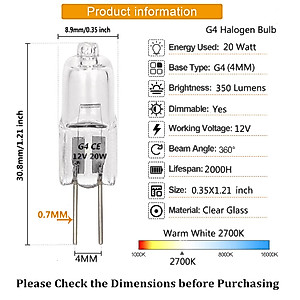G4 Halogen Light Bulb , T3 JC Type Clear 20W 12V AC/DC Bi-Pin Bulb for Landscape Lighting,Accent Lights, Track Lighting,Under Cabinet Puck Light, Chandeliers,360°Beam Angle/Warm White,12Packs