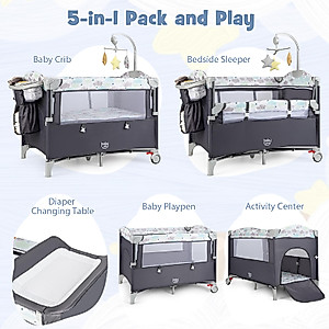 BABY JOY 5-in-1 Pack and Play, Portable Baby Bedside Sleeper with Bassinet, U-Shaped Diaper Changer, Safety Strap, Side Zipper Entrance, Hangings, Bedside Crib Playard from Newborn to Toddlers (Gray)