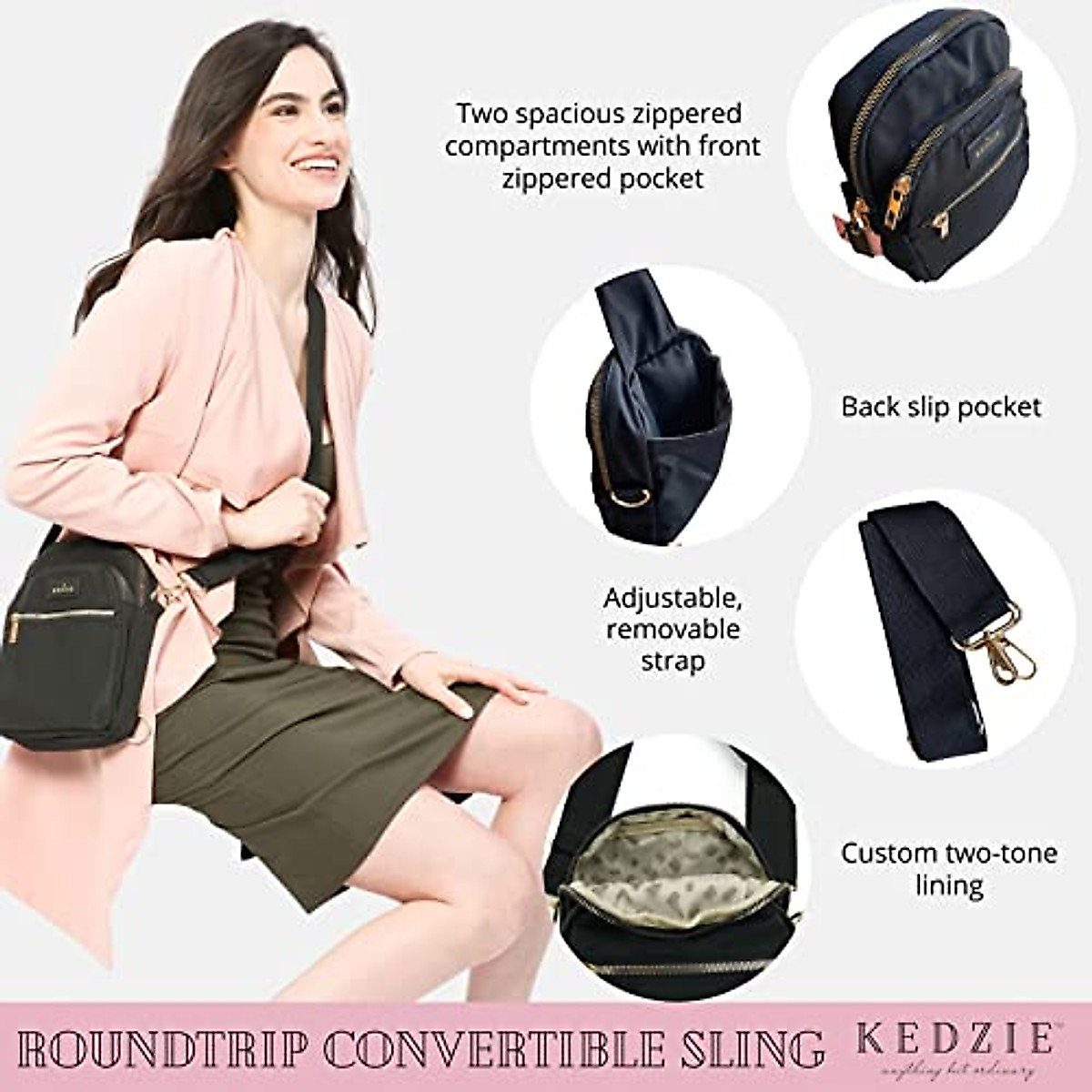 KEDZIE Roundtrip Convertible Sling & Crossbody Bag Cell Phone Purse for Women with Adjustable Strap - Black