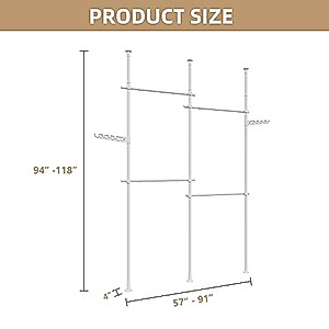 DYN Ptah Floor to Ceiling Adjustble Garment Rack, Heavy Duty Double 2-Tier Clothes Rack, Free Standing Clothes Laundry Drying Rack, Clothing Hanger Tension Rod Closet System Wardrobe Storage White