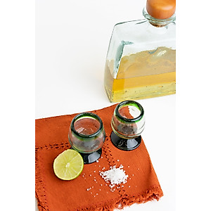 MEXTEQUIL - Authentic Mexican Tequila Hand Blown Shot Glasses - Set of 4-2 oz - Mini Glass Snifters - Heavy Base - Cognac (Green Rim)