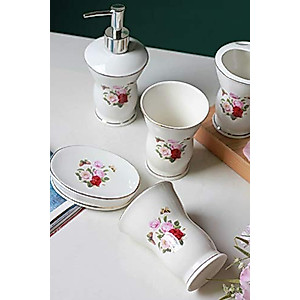 JruF Round Pink and White Set of 5 Bathroom Accessories Set-Pink Flowers Porcelain Pattern Modern Dressing Accessories Set Including Tumbler, Toothbrush Holder and Lotion Bottle, Soap Dish