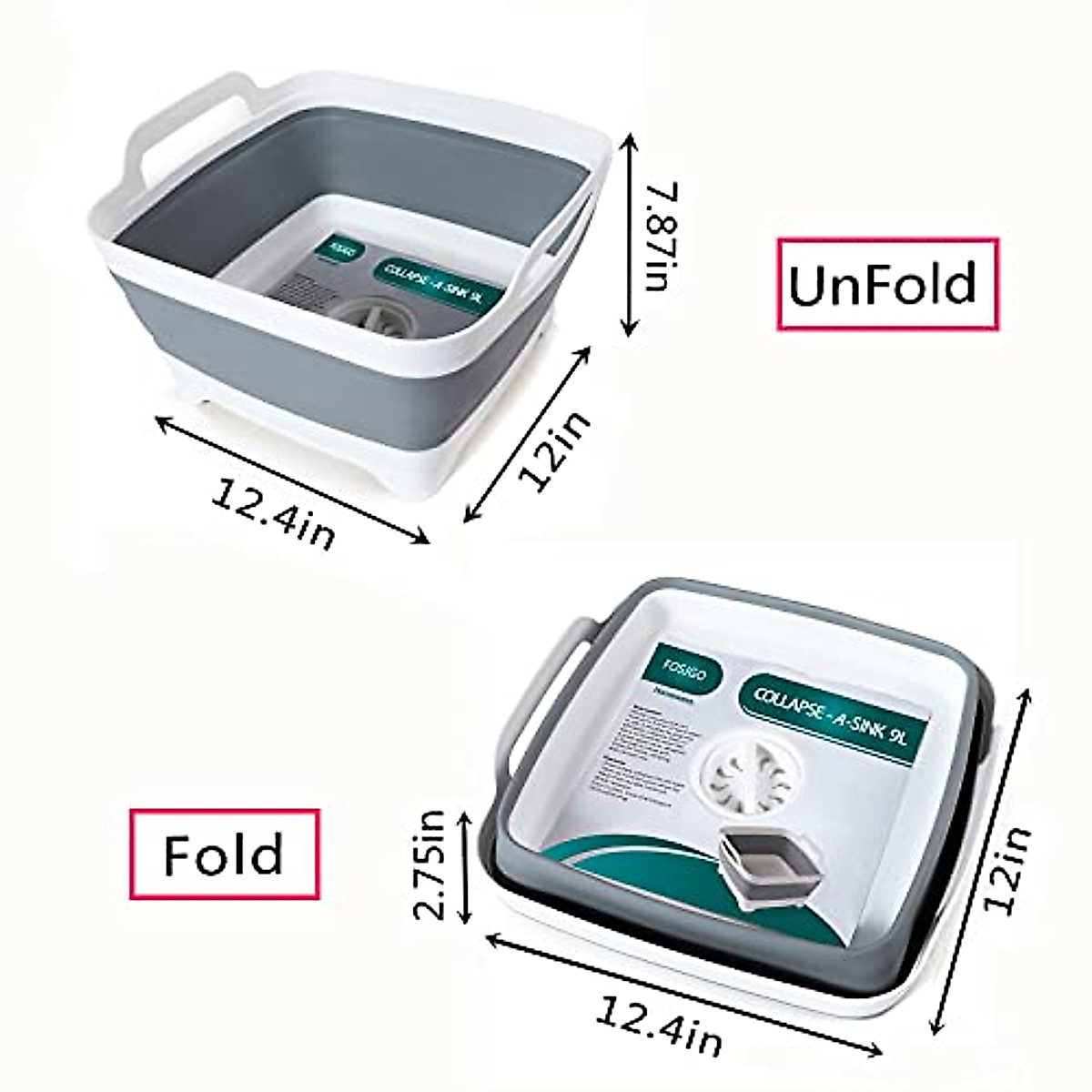 FOSJGO 9L Collapsible Dish Tub Portable Sink,Dishpan for Washing Dishes,Wash Dish Basin,Foldable Laundry Tub,Washing Basin with Drain Plug,Dishpan for Kitchen Sink,Camping Dish Washing Tub