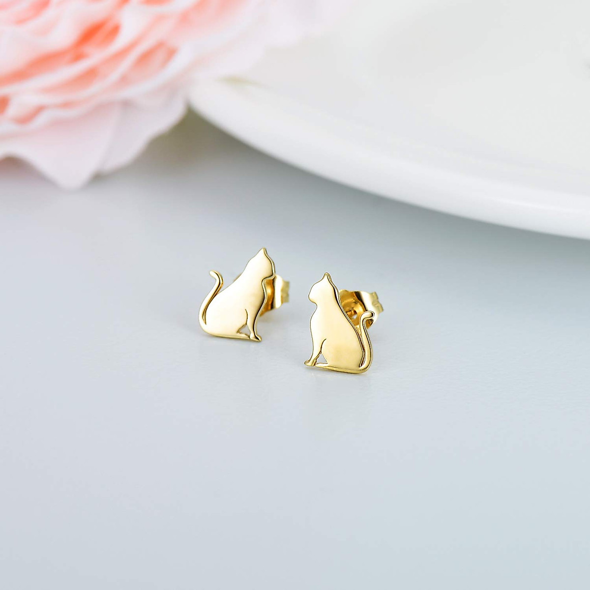 Solid 14k Gold Cat Earrings, Real 14 Carat Gold Stud Earrings for Women Teens, Animal Jewelry Gifts for Her