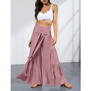 Xiaoxuemeng Women's Tiered Palazzo Pants Flowy Elastic High Waisted Wide Leg Beach Pants (Pink-XL)