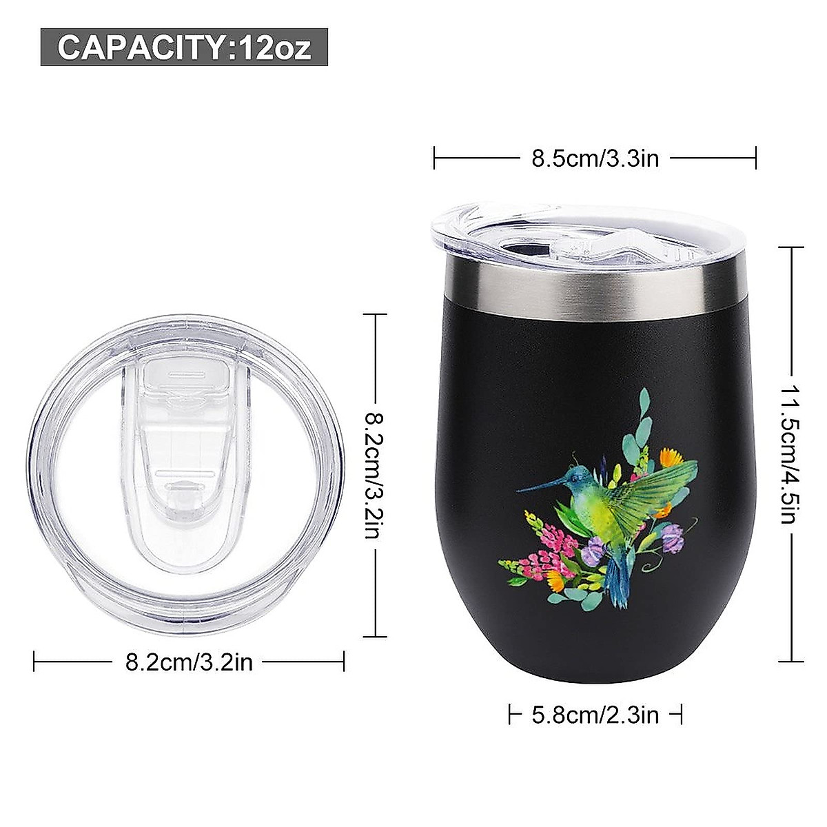 Hon-Lally Hummingbird Flower Pattern 12 oz Stainless Steel Wine Tumbler with Lid Mug Cup Double Wall for Coffee, Cocktail, Drink, Tea and Beer - black-style