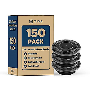 TIYA Takeout Food Containers - 16 oz Bulk 150 Pack with Lids - Plastic Food Storage To-Go Round Bowls - Reusable Microwavable Dishwasher Safe - Leak Proof and Great for Meal Prep