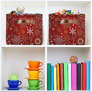 Christmas Snowflakes Home Storage Basket Xmas Winter Red Gold Snowflake Storage Organizer Box Bins Large Collapsible Cube Baskets Boxes with PU Handles for Shelf Closet Nursery Laundry 1 Pack