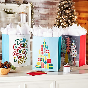 Hallmark Assorted Christmas Gift Bag Bundle (3 Extra Large 17" Gift Bags, 3 Designs) Trees, Presents, Peace, Love, Joy in Pink, Yellow, Mint Green, Gray and White