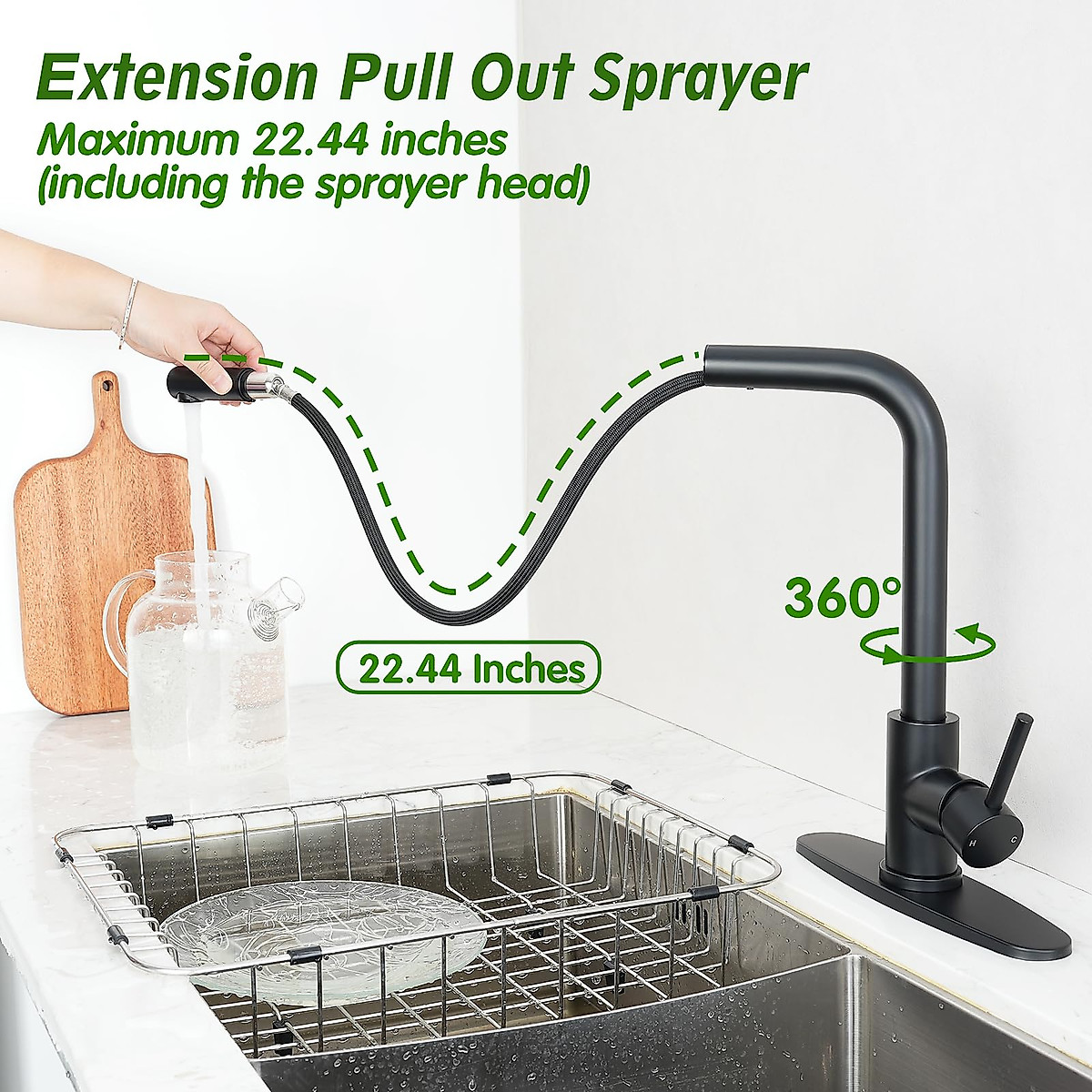 TRYWELL Kitchen Faucets with Pull Down Sprayer Stainless Steel Kitchen Sink Single Handle Utility Modern Black Kitchen Faucet and Deck Plate for Kitchen Bar Camper RV E-64-BK