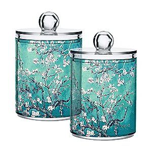 innewgogo Almond Blossom 2 Pack Cotton Swab Ball Holder Organizer Dispenser Plastic Glass Containers with Lids Cotton Swab Container Clear Bathroom Organizer Dispenser for Cotton Swabs