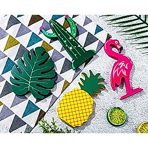 Summer Wooden Signs Hawaii Luau Party Wooden Blocks Summer Home Decorations Tropical Cactus Flamingo Pineapple Monstera Wood Table Centerpiece for Summer Home Table Luau Party, 4 PCS