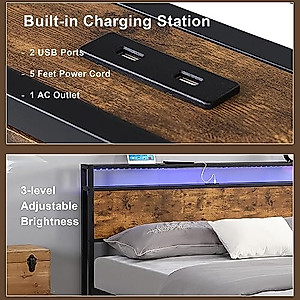 Modern Industrial Queen Bed Frame with LED Lights and 2 USB Ports, Metal Platform Bed Frame Queen Size with Storage, Noise Free, No Box Spring Needed, Strong Steel Slats Support, Rustic Brown (Queen)