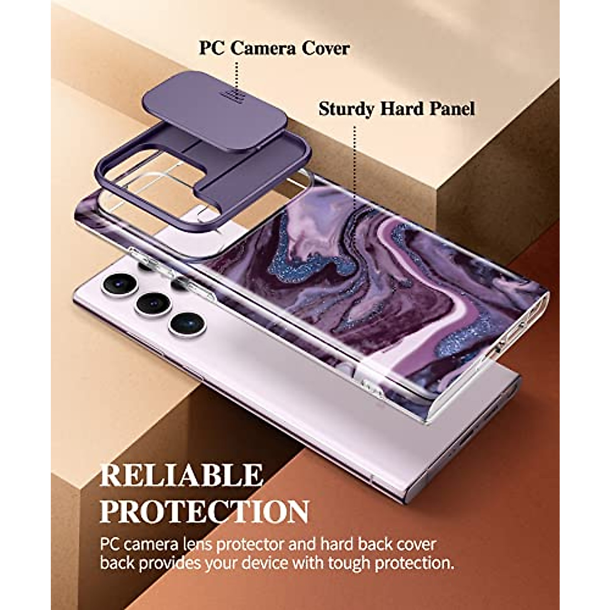 GVIEWIN Compatible with Samsung Galaxy S23 Ultra Case with Slide Camera Cover, [Military Grade Drop Protection] Slim Marble Shockproof Protective Phone Case Fit S23 Ultra 5G 6.8" (Quicksand/Purple)