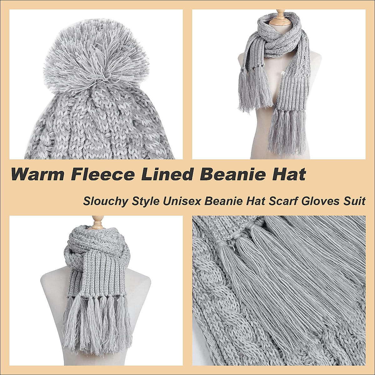 MissShorthair Women's Beanie Hat 3 in 1 Warm Long Scarf Touchscreen Glove Set of 3 Winter Thick Chunky Knitted Pom Pom Cap(Light gray)