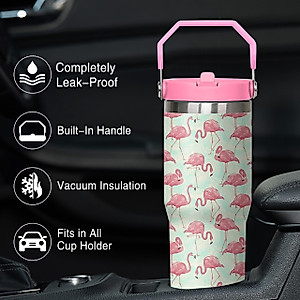 30 oz Flamingo Tumbler with Handle, Large Insulated Tumbler with Flip & Straw Coffee Mug Cup Stainless Steel Gifts for Women Men Youth