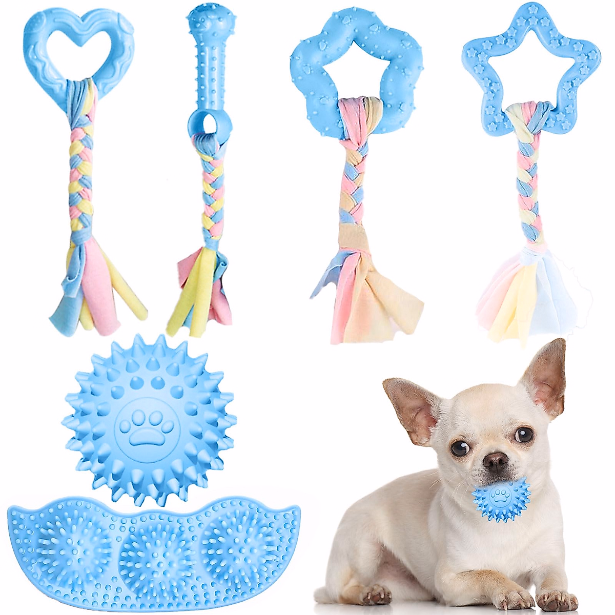 ABRRLO 6 Pack Puppy Toys Cute Blue Puppy Chew Toys for Teething Small Breed Dog Chew Toys Interactive Pet Toy Set for Puppies Soft and Durable Small Breed Doggy Teething Toys