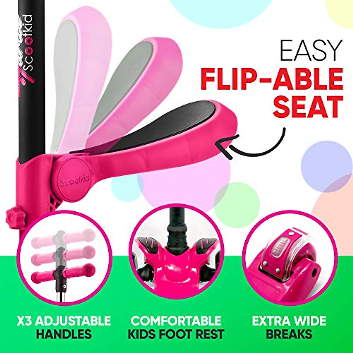 Hurtle 3-Wheeled Scooter for Kids - Wheel LED Lights, Adjustable Lean-to-Steer Handlebar, and Foldable Seat - Sit or Stand Ride with Brake for Boys and Girls Ages 1-14 Years Old - Pink