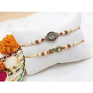 Palak Global Rakhi Bracelet for brother, Unique Design Rakhi for Brother, Bhabhi, Sister, Father and celebration with Family, Raksha Bandhan holy Rakhi. (Rakhi Design Om and Bro, Set of 2, Small)