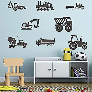 ANFRJJI Construction Vehicle Wall Decal - Excavator Bulldozer Mixer Truck PVC Removable Wall Sticker with 8 City Construction Vehicles - Construction Truck Tractor Peel and Stick for Kids Room Art Murals DecorationsJWH130 (black)