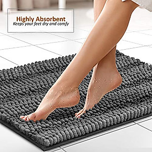 Clara Clark Chenille Bathroom Rugs, Ultra Soft Plush Shaggy Bath Mats for Bathroom, Machine Washable Non Slip Backing Rubber Bath Rug Set, 3 Piece Bathroom Rug Set, Gray