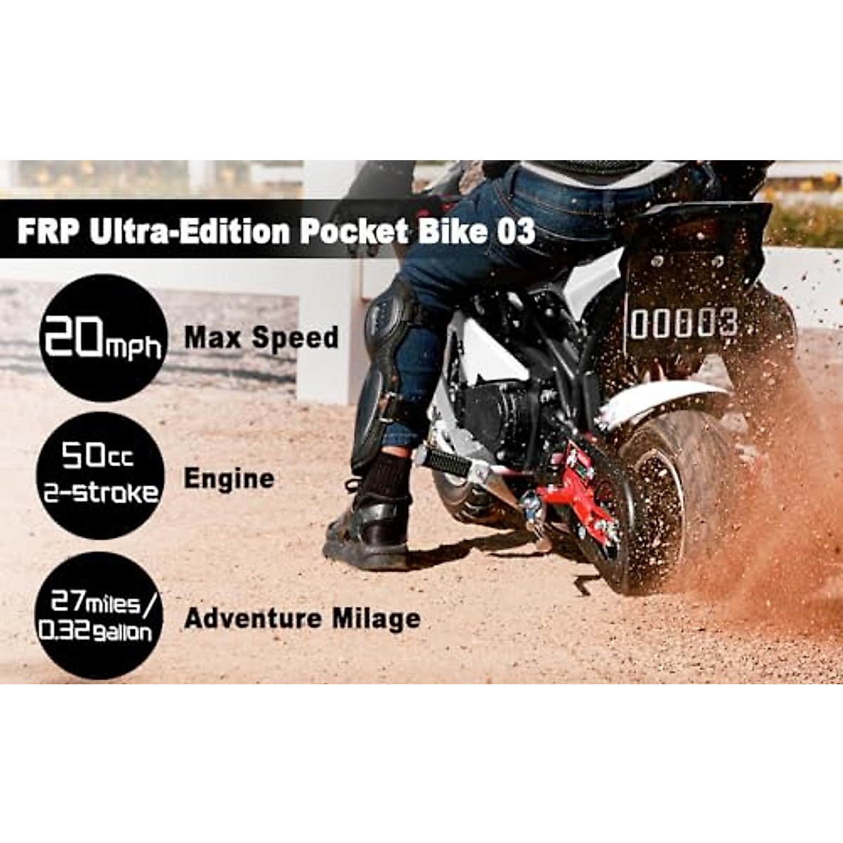 FRP 50cc 2-Stroke Pocket Bike 03, EPA Approved Gas Pocket Bike for Kids W/Strong Dual Brake, Realistic Racing Pocket Rocket Max Speed 20 Mph, Mini Bike Max Weight 165 LB-Ultra Edition (White)