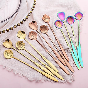 Diaertiny 12Pcs Flower Spoon Long Handle Coffee Dessert Stirring Ice Teaspoons Gold, Rose Gold, Rainbow Cocktail Stainless Steel Spoons for Bar Home Office Party