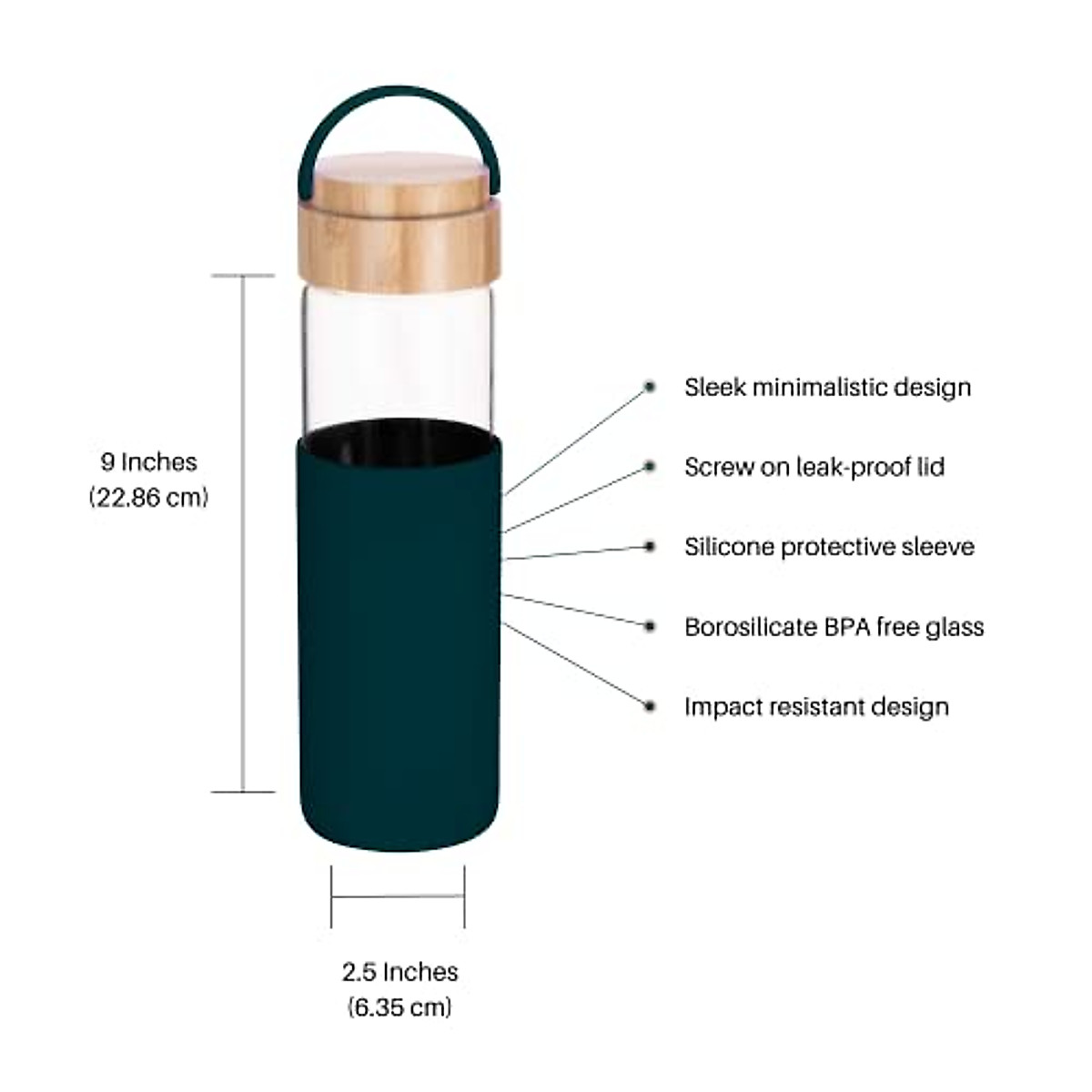 tanjoon 20 oz Borosilicate Glass Water Bottle with Leak-Proof Bamboo Lid and Silicone Handle and Protective Sleeve (TEAL) - BPA Free - Easy to Carry - Dishwasher Safe