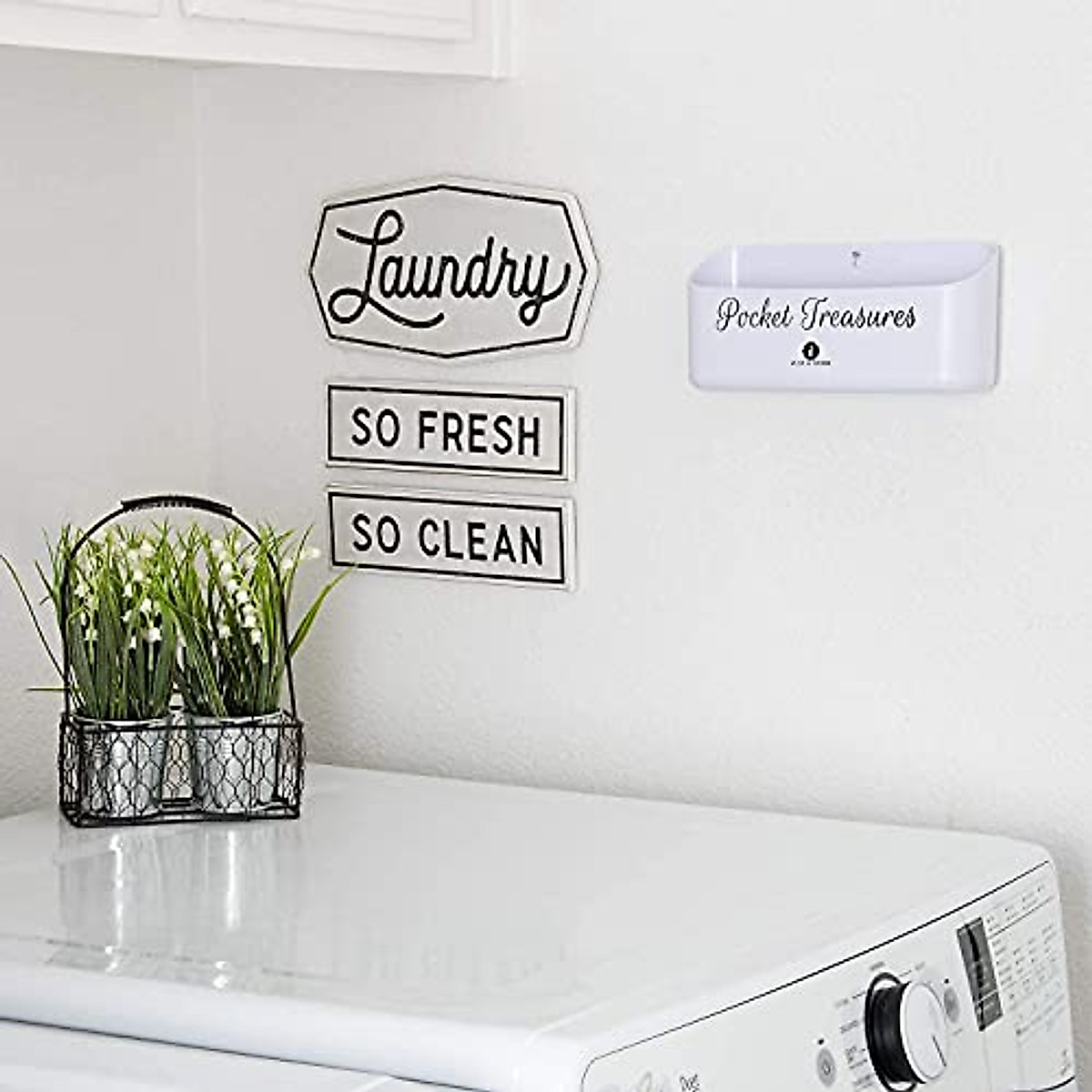 Lint Holder Bin with Magnetic Strip and Pocket Treasures Bin Magnetic Coin Holder (2 Piece Set) for Laundry Room Organization or Laundry Room Décor by A.J.A. & MORE (Off-White)