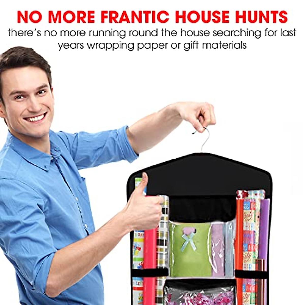 Hanging Gift Wrapping Paper Storage Organizer Bag, Double Sided Multiple Front & Back Pockets Organize Your Gift Wrap, Gift Bags Bows Ribbons 40"X17" Fits Long 40 Inch Rolls Clear PVC Bag (Full Black)
