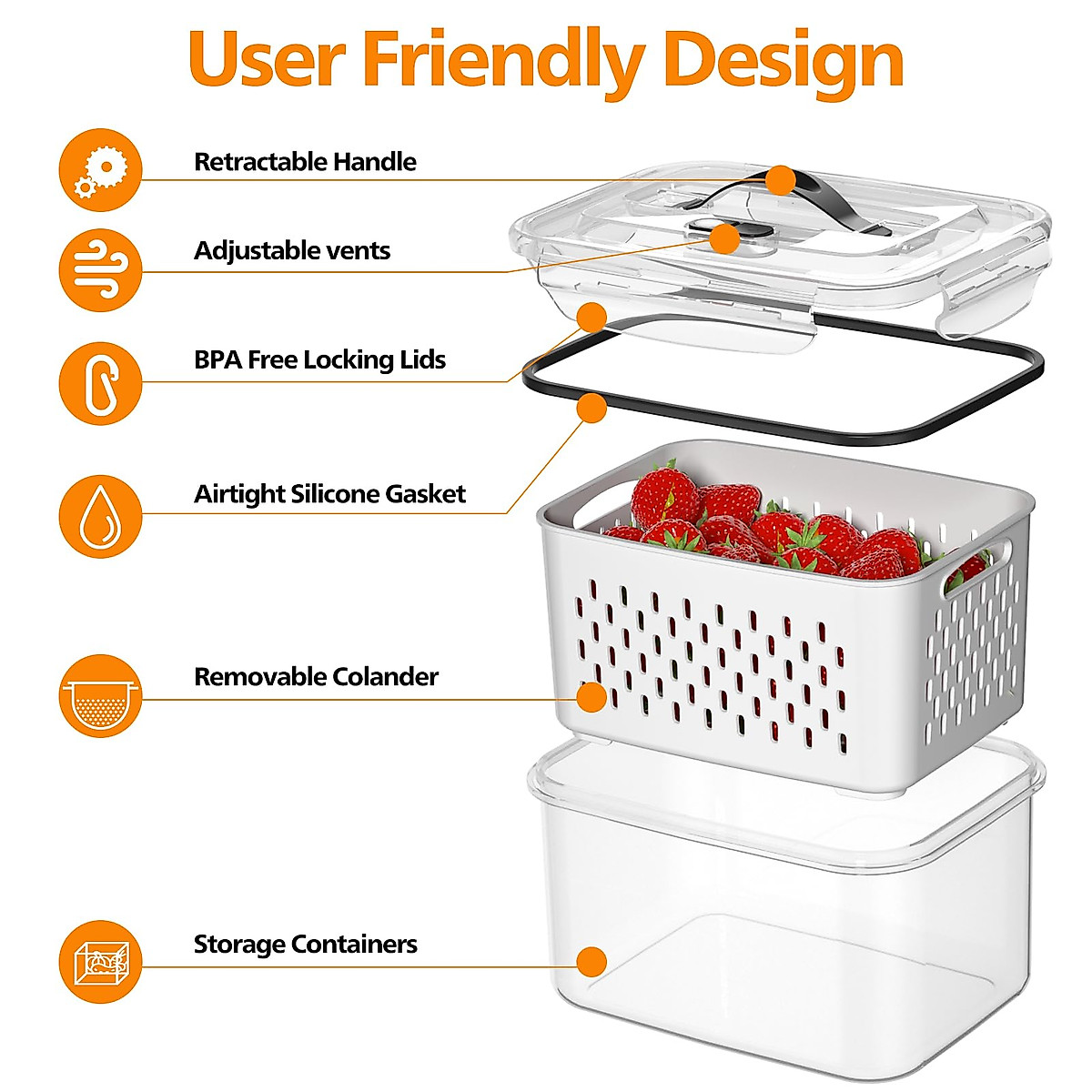 JSCARES 4-Pack Fruit-Storage-Containers for Fridge with Colander, Airtight Food Storage Containers with Lids & Handle, Produce Storage Bins Set for Refrigerator for Salad Berry Lettuce Vegetables Meat
