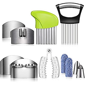 Romooa 11 Pieces Finger Guard Set for Cutting Include 4 Stainless Steel Knife Protector 2 Thumb Cots Potato Butter Lettuce Crinkle Cutter Onion Holder Slicer Mandoline